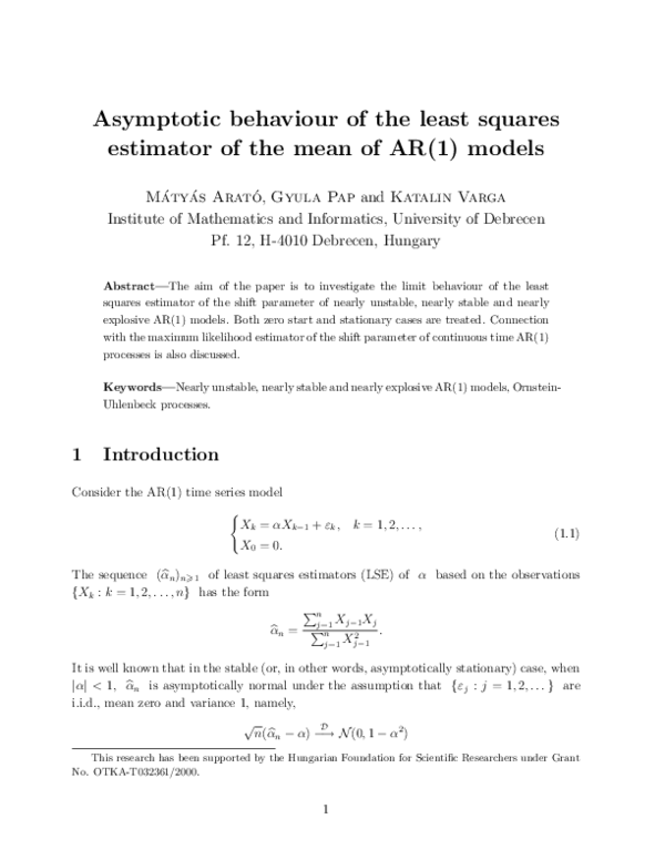(PDF) Asymptotic behaviour of the least squares estimator of the mean of AR(1) models