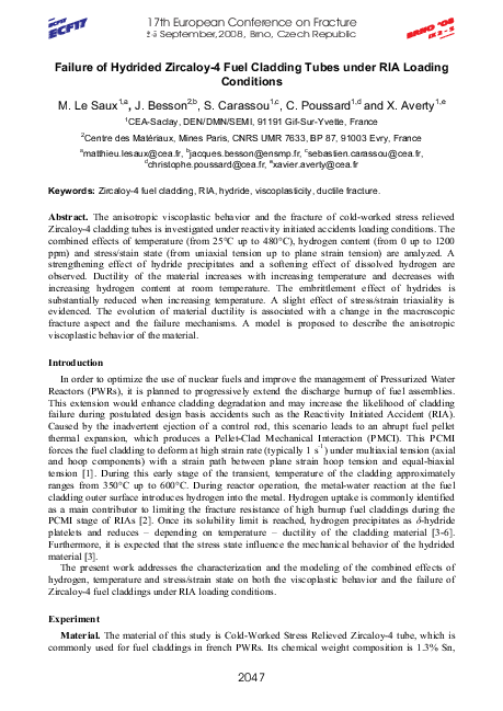 (PDF) Failure of hydrided zircaloy-4 fuel cladding tubes under RIA ...