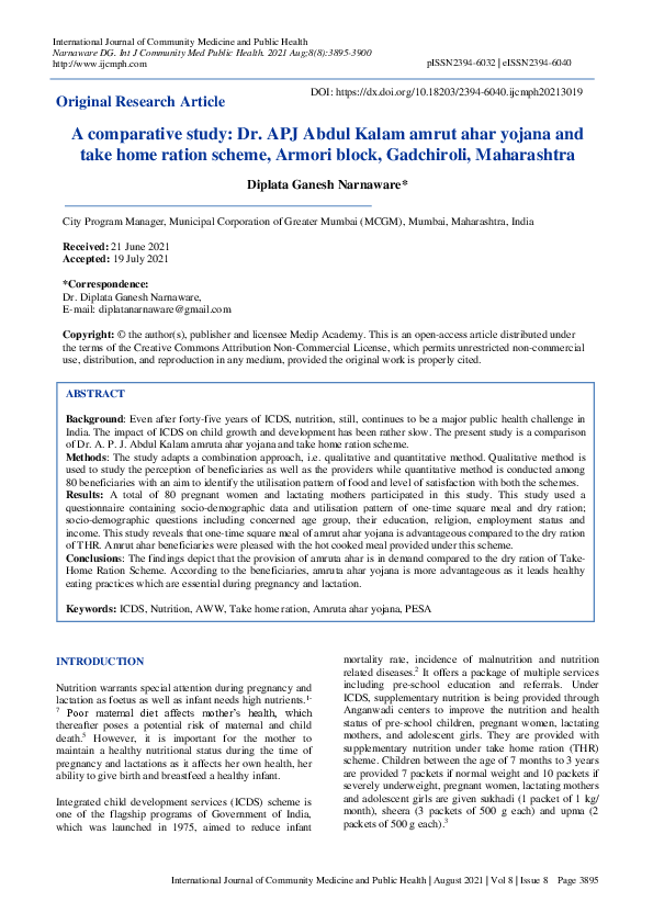 (PDF) A comparative study: Dr. APJ Abdul Kalam amrut ahar yojana and take home ration scheme ...