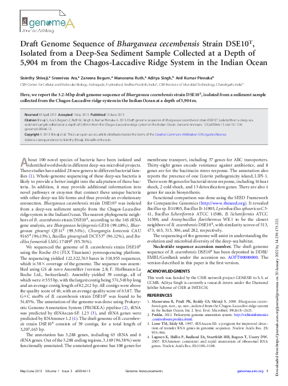 (PDF) Draft Genome Sequence of Bhargavaea cecembensis Strain DSE10T ...