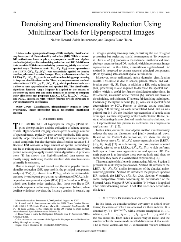 (PDF) Denoising and Dimensionality Reduction Using Multilinear Tools for Hyperspectral Images