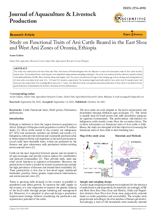 (PDF) Study on Functional Traits of Arsi Cattle Reared in the East Shoa ...