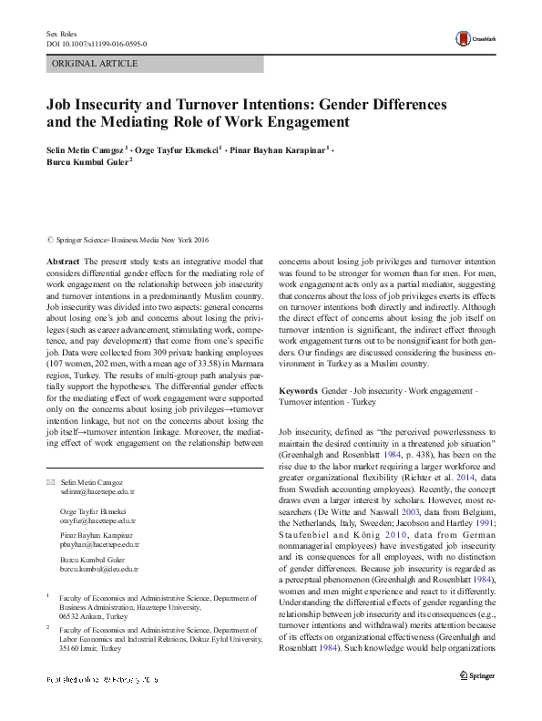 (PDF) Job Insecurity and Turnover Intentions: Gender Differences and the Mediating Role of Work ...