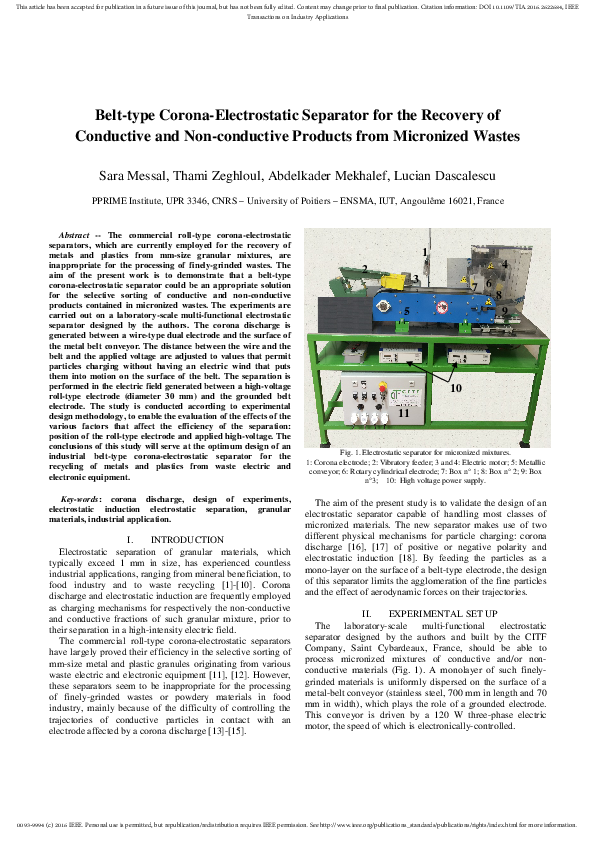 (PDF) Belt-type Corona-Electrostatic Separator for the Recovery of ...