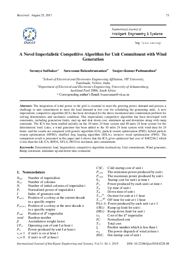 (PDF) A Novel Imperialistic Competitive Algorithm for Unit Commitment with Wind Generation