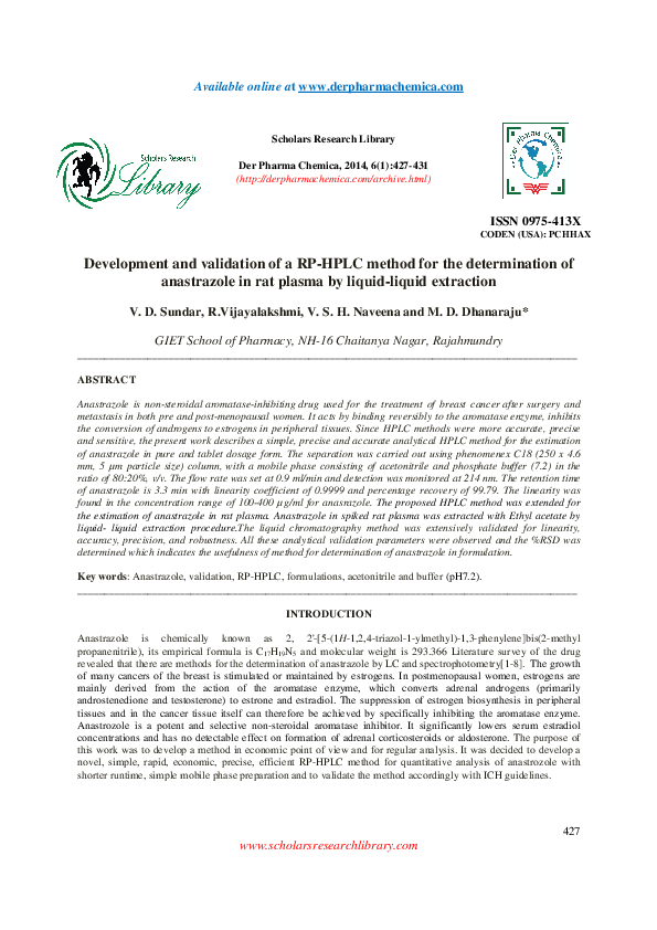 (PDF) Development and validation of a RP-HPLC method for the determination of anastrazole in rat ...