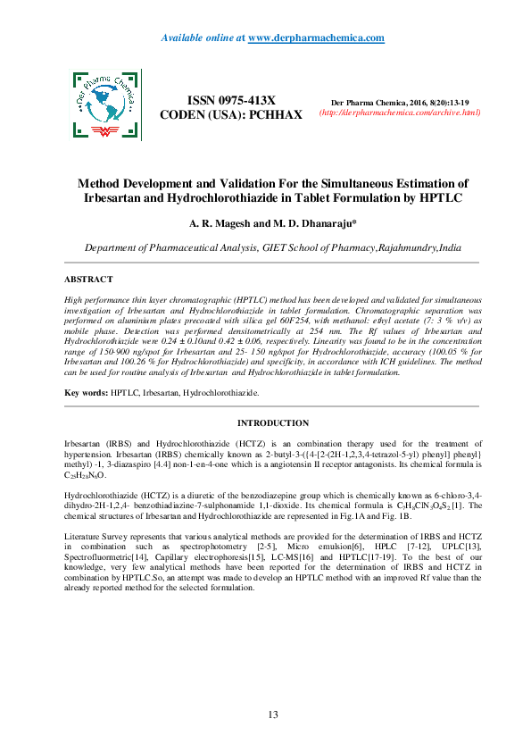 (PDF) Method Development and Validation For the Simultaneous Estimation of Irbesartan and ...