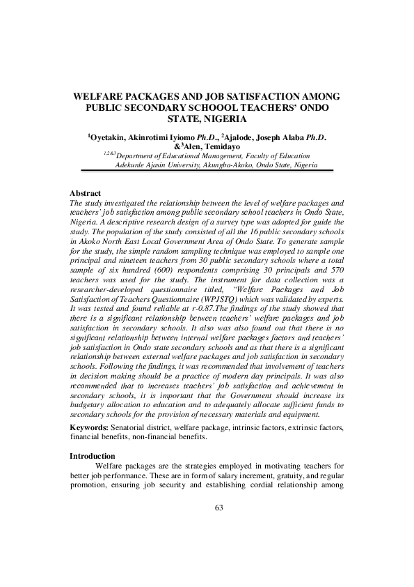 (PDF) Welfare Packages and Job Satisfaction Among Public Secondary Schoool Teachers’ Ondo State ...