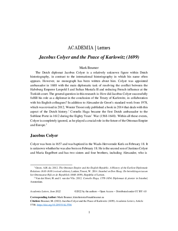 (PDF) Mark Beumer, 'Jacobus Colyer and the Peace of Karlowitz (1699 ...