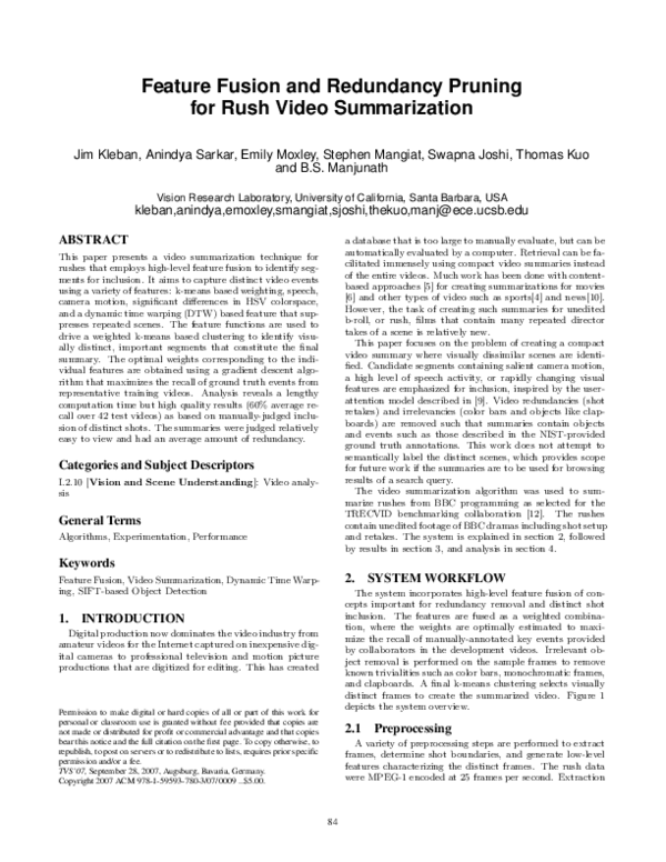 (PDF) Feature fusion and redundancy pruning for rush video summarization