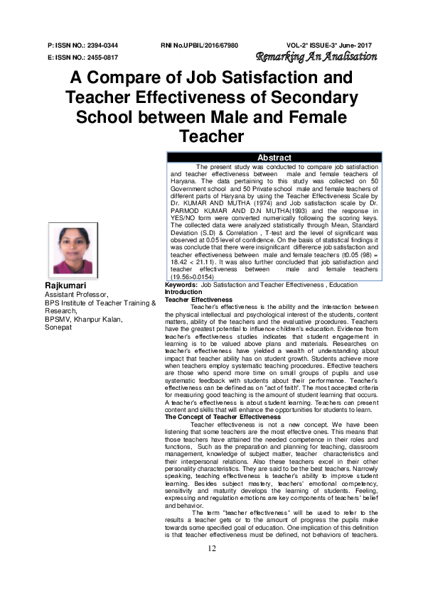 (PDF) A Compare of Job Satisfaction and Teacher Effectiveness of Secondary School between Male ...