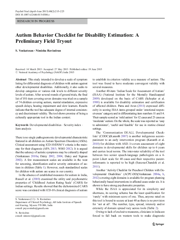 (PDF) Autism Behavior Checklist for Disability Estimation: A ...
