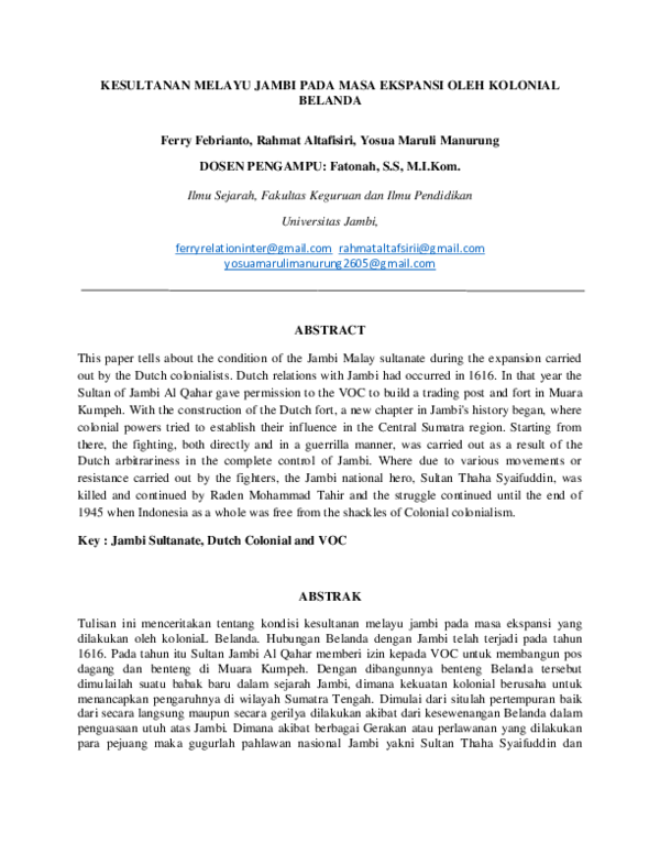 (PDF) KESULTANAN MELAYU JAMBI PADA MASA EKSPANSI OLEH KOLONIAL BELANDA ...