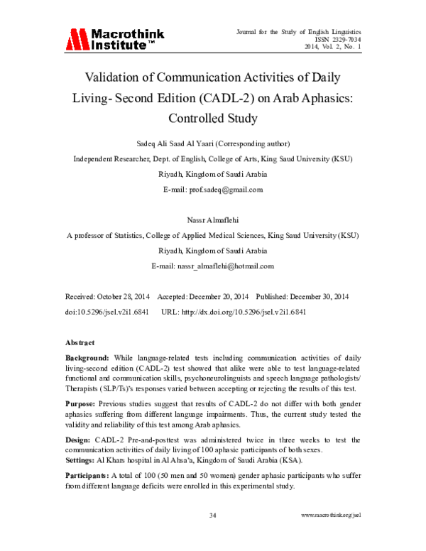(PDF) Validation of Communication Activities of Daily Living- Second ...
