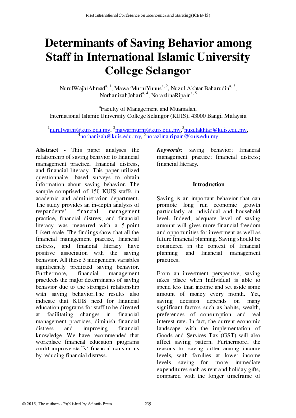 (PDF) Determinant of Saving Behavior among Staff in International Islamic University College ...