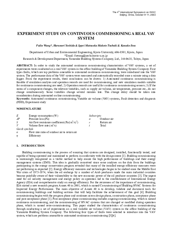 (PDF) Experiment Study on Continuous Commissioning a Real Vav System