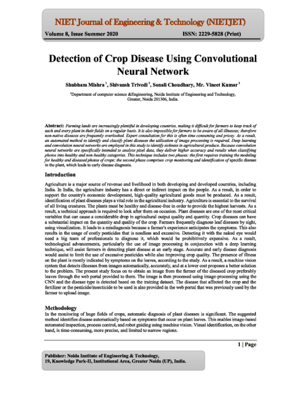 Pdf Detection Of Crop Disease Using Convolutional Neural Network