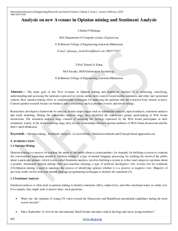 (PDF) Analysis on new Avenues in Opinion mining and Sentiment Analysis