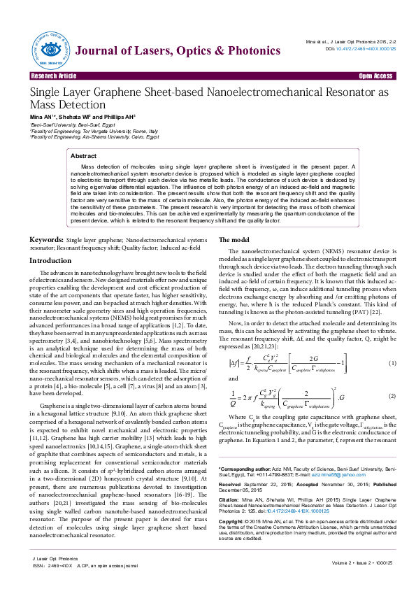 (PDF) Single Layer Graphene Sheet-based Nanoelectromechanical Resonator as Mass Detection