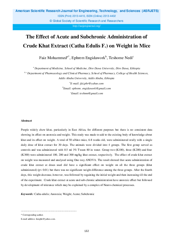 (PDF) The Effect of Acute and Subchronic Administration of Crude Khat ...