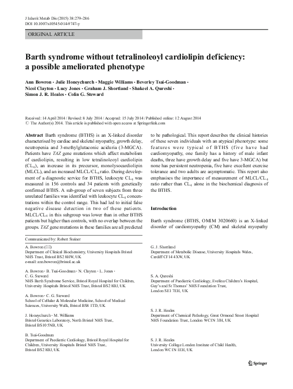 (PDF) Barth syndrome without tetralinoleoyl cardiolipin deficiency: a ...