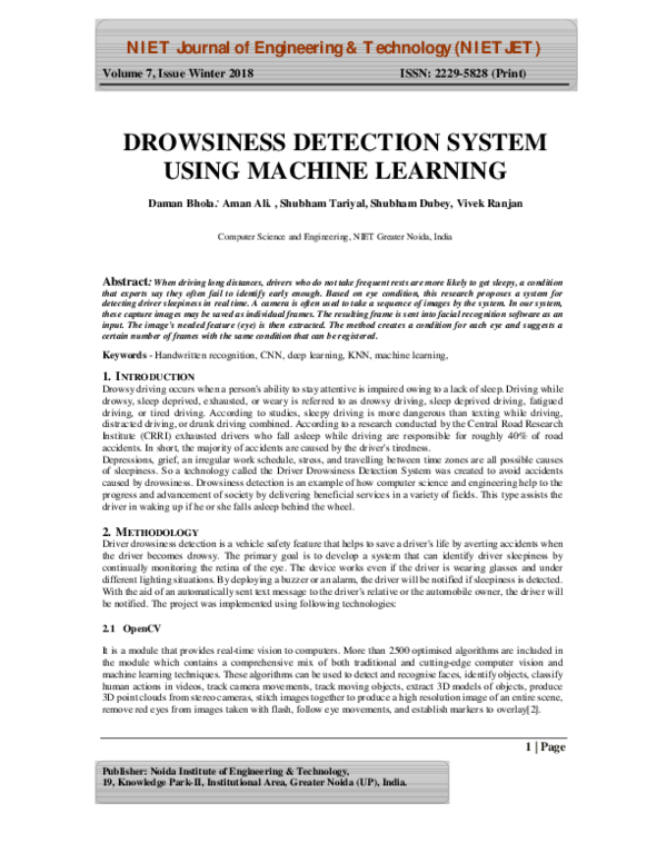 Pdf Drowsiness Detection System Using Machine Learning