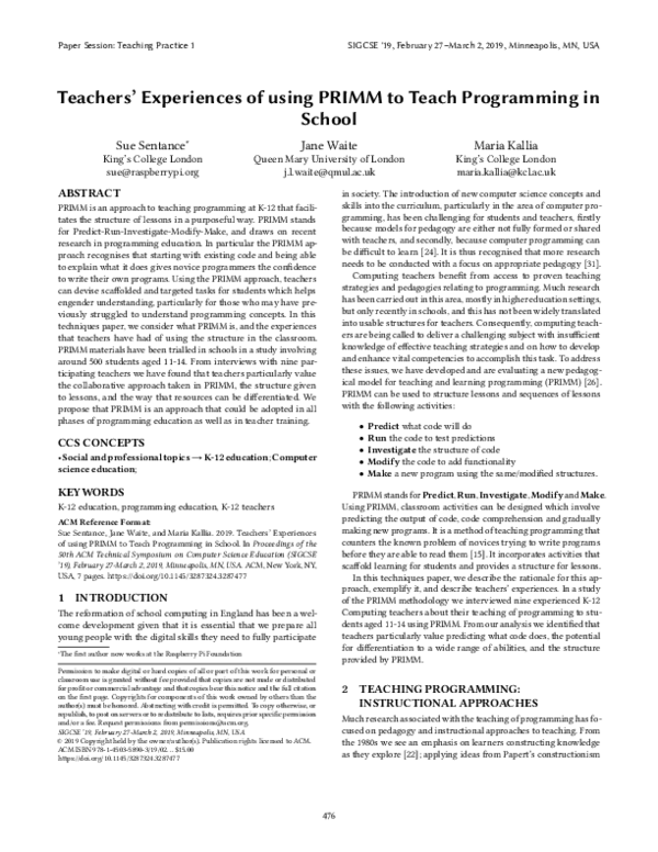 (PDF) Teachers' Experiences of using PRIMM to Teach Programming in School