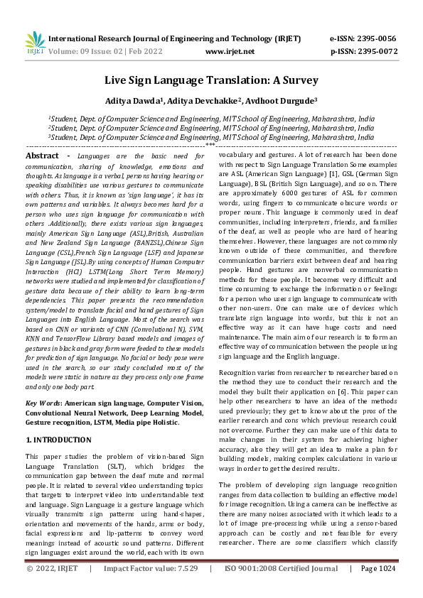 (PDF) Live Sign Language Translation: A Survey