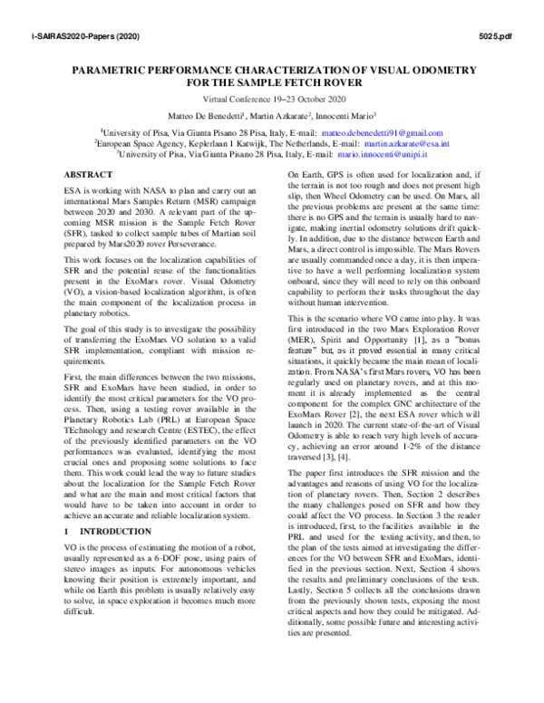 (PDF) Parametric Performance Characterization of Visual Odometry for ...