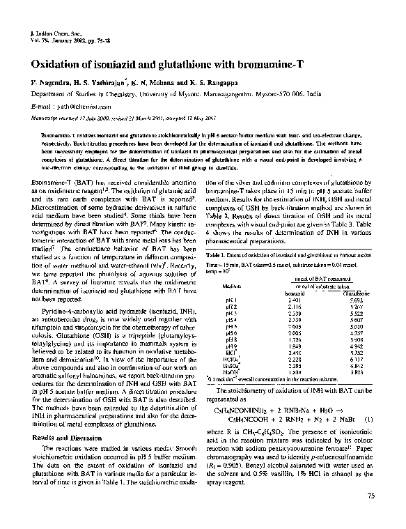 (PDF) Oxidation of isoniazid and glutathione with bromamine-T