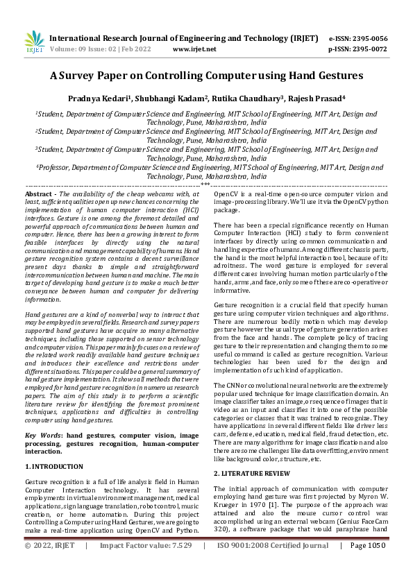 (PDF) A Survey Paper on Controlling Computer using Hand Gestures