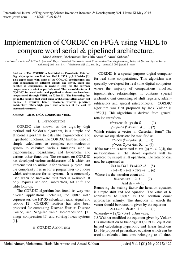 (PDF) Implementation of CORDIC on FPGA using VHDL to compare word serial & pipelined architecture