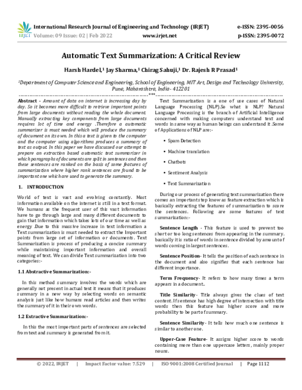 Pdf Automatic Text Summarization A Critical Review