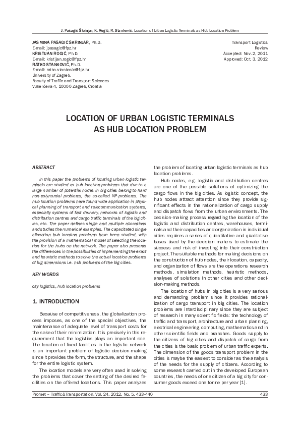 (PDF) Location of Urban Logistic Terminals as Hub Location Problem