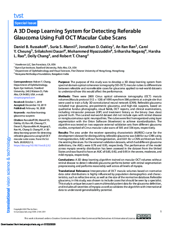 (PDF) A 3D Deep Learning System for Detecting Referable Glaucoma Using ...