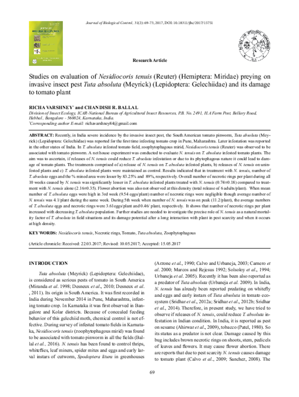 (PDF) Studies on evaluation of Nesidiocoris tenuis (Reuter) (Hemiptera: Miridae) preying on ...