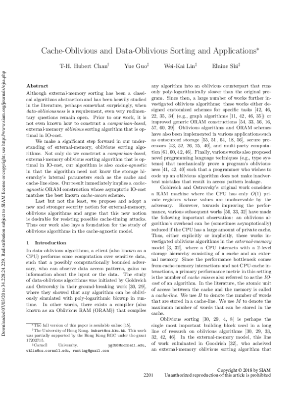 (PDF) Cache-Oblivious and Data-Oblivious Sorting and Applications