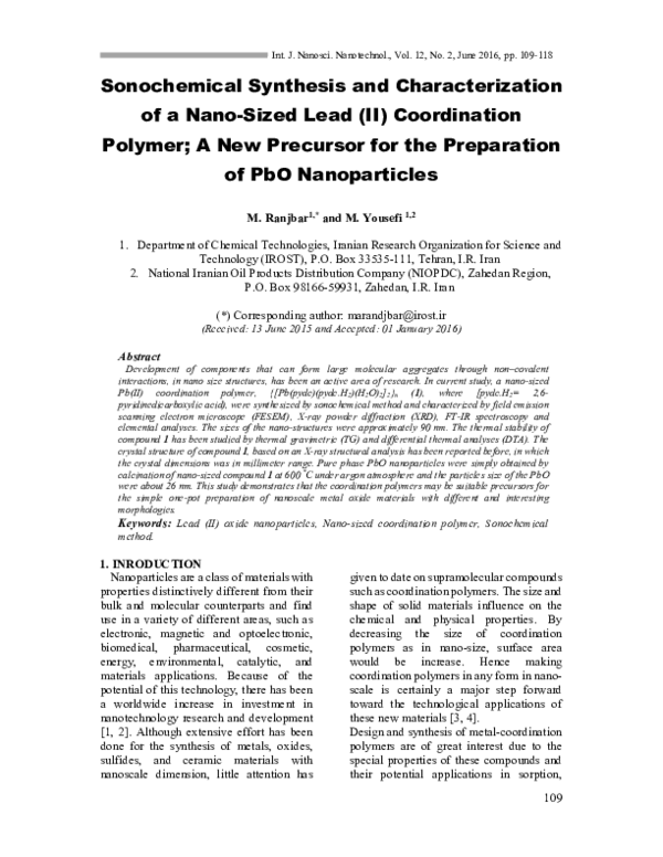 (PDF) Sonochemical Synthesis and Characterization of a Nano - Sized Lead (II) Coordination ...
