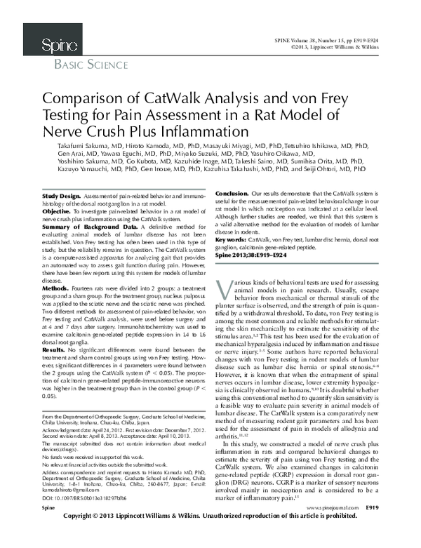 (PDF) Comparison of CatWalk Analysis and von Frey Testing for Pain ...
