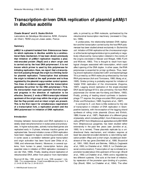 (PDF) Transcription-driven DNA replication of plasmid pAMβ1 in Bacillus subtilis