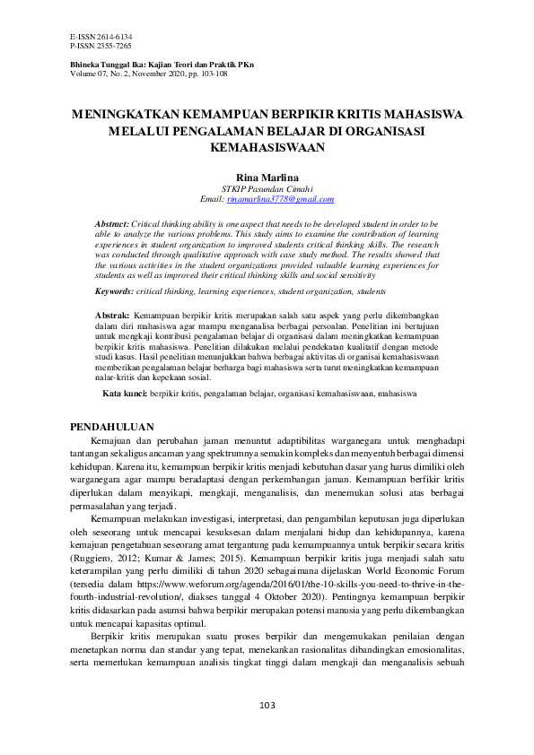 (PDF) Meningkatkan Kemampuan Berpikir Kritis Mahasiswa Melalui Pengalaman Belajar DI Organisasi ...