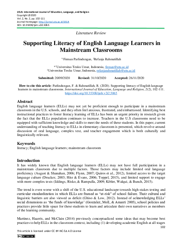 (PDF) Supporting Literacy of English Language Learners in Mainstream Classrooms