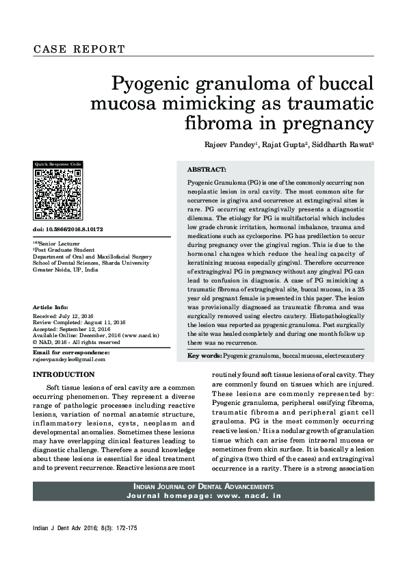 (PDF) Pyogenic granuloma of buccal mucosa mimicking as traumatic ...