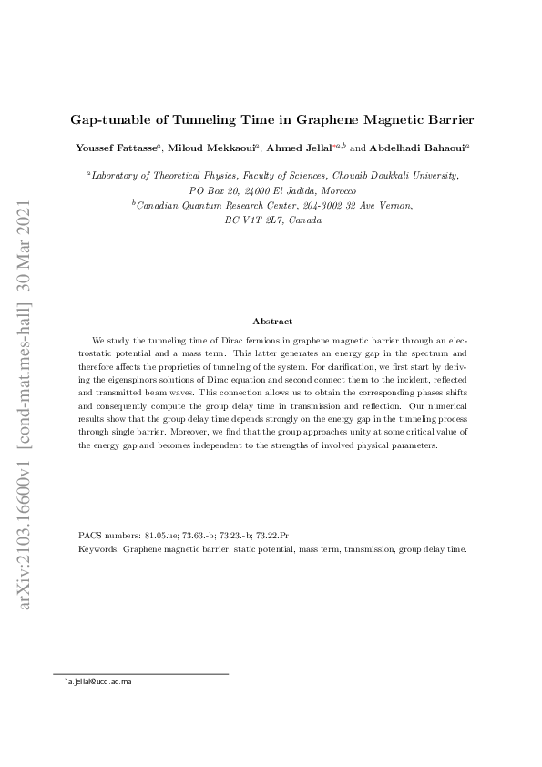 (PDF) Gap-tunable of tunneling time in graphene magnetic barrier | youssef fattasse - Academia.edu