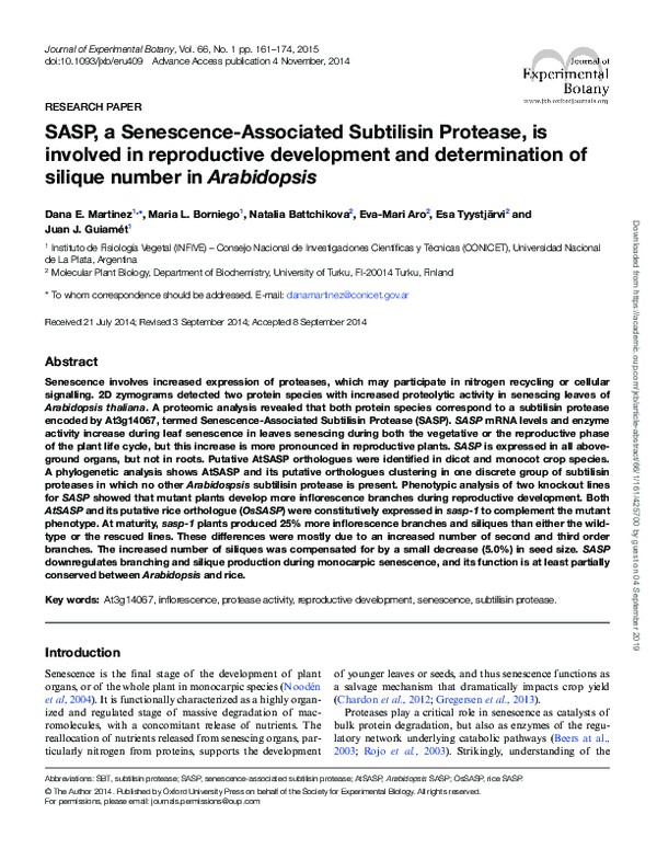 (PDF) SASP, a Senescence-Associated Subtilisin Protease, is involved in reproductive development ...