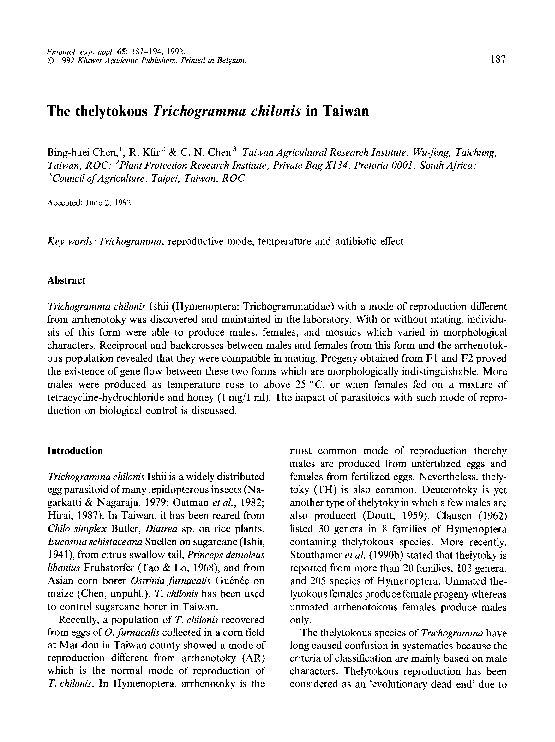 (PDF) The thelytokous Trichogramma chilonis in Taiwan
