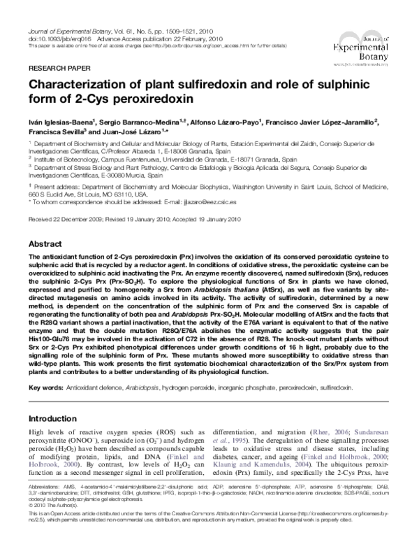 (PDF) Characterization of plant sulfiredoxin and role of sulphinic form ...