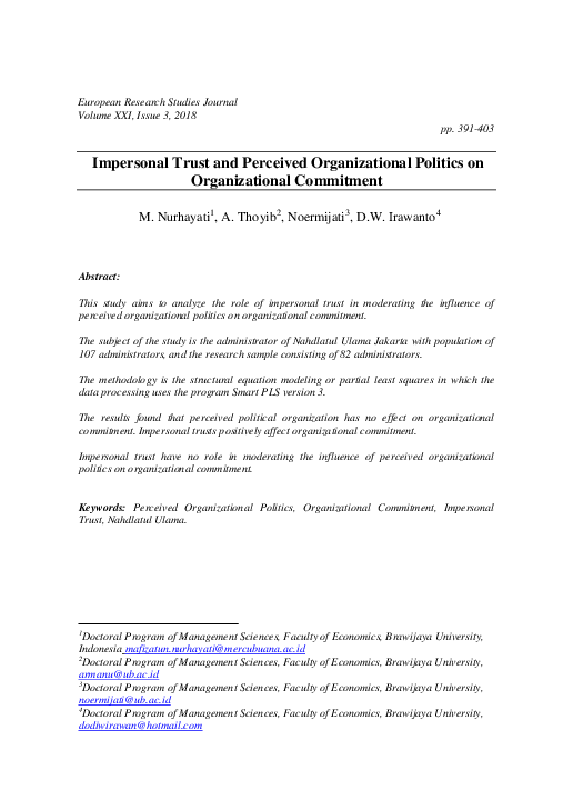 (PDF) Impersonal Trust and Perceived Organizational Politics on Organizational Commitment