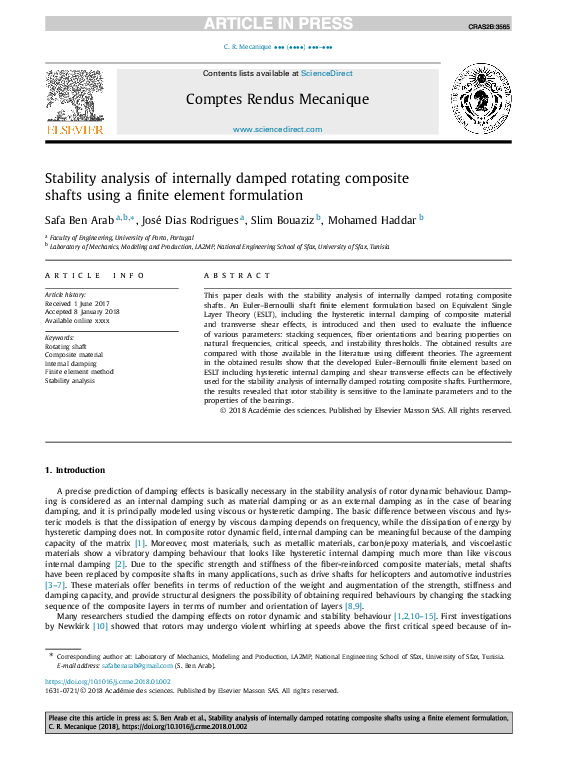 (PDF) Stability analysis of internally damped rotating composite shafts using a finite element ...