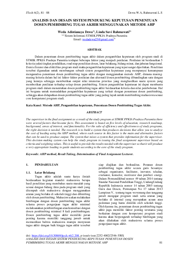 (PDF) Analisis dan Desain Sistem Pendukung Keputusan Penentuan Dosen Pembimbing Tugas Akhir ...